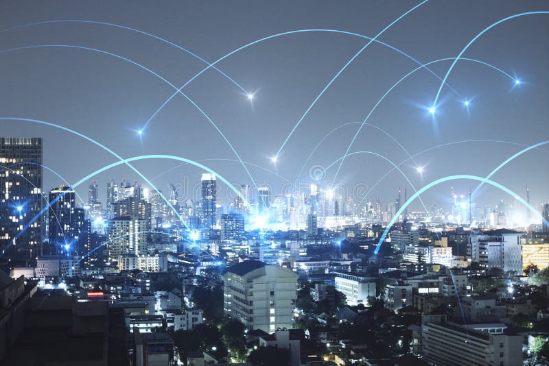Abstract Night City Wallpaper with Digital Connections. Internet and ...