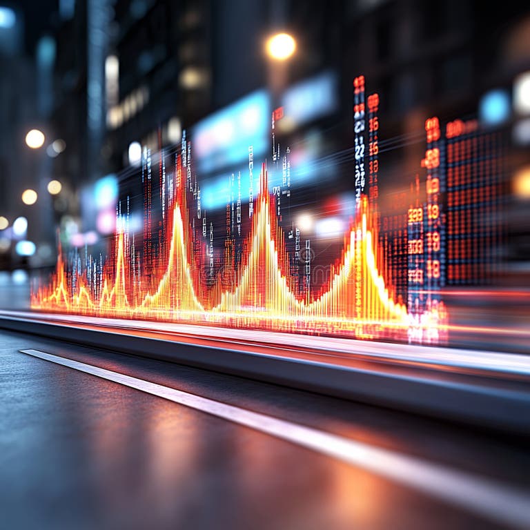 Abstract Night Cityscape with Orange and Red Data Visualization Stock Illustration ...