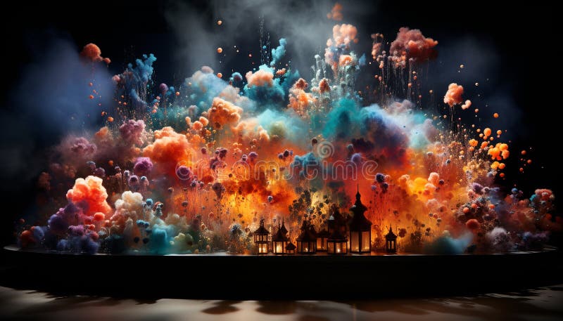 Abstract Night Exploding in Multi Colored Smoke, Glowing Blue Colors ...