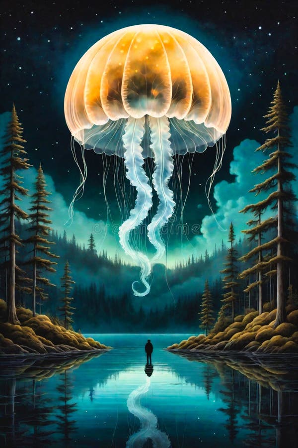 Abstract Night Landscape with Luminous Jellyfish in the Sky Stock ...