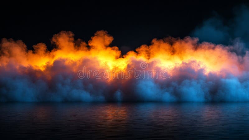 Abstract Night Scene with Orange and Blue Smoke Over Water Stock ...