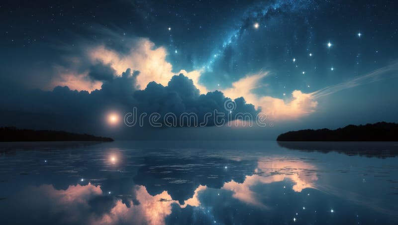 Abstract Night Sky with Glowing Clouds and Stars Reflected in Water ...