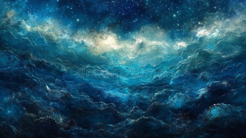 Abstract Night Sky Over Dark Blue Ocean Waves Stock Illustration ...