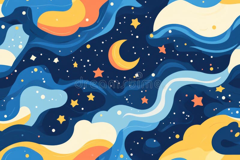 Abstract Night Sky with Golden Lines and a Full Moon Over Mountains ...