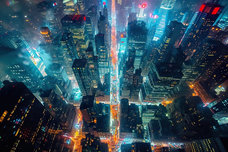 Abstract Night View of the Street in Cityscape from the Bird S ...