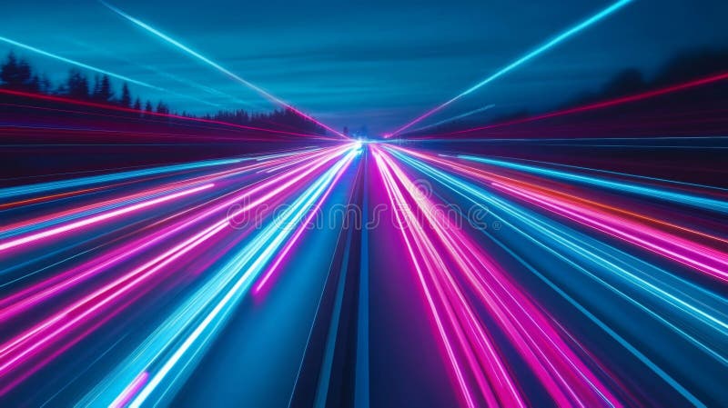 Abstract Nighttime Highway with Neon Light Trails Stock Illustration ...