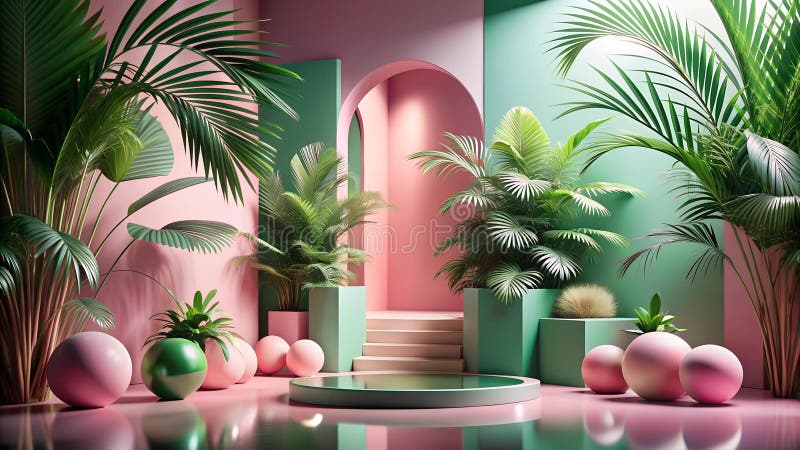 Abstract Oasis: a Symphony of Pink and Green Geometric Forms and ...