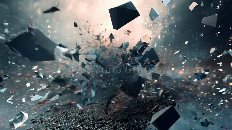 Abstract Object Shattering into Small Data Particles, Fragments Floating in Space Stock Video ...
