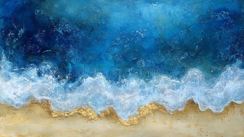 Abstract Ocean Wave Painting Blue Gold Sand Beach Stock Illustration ...