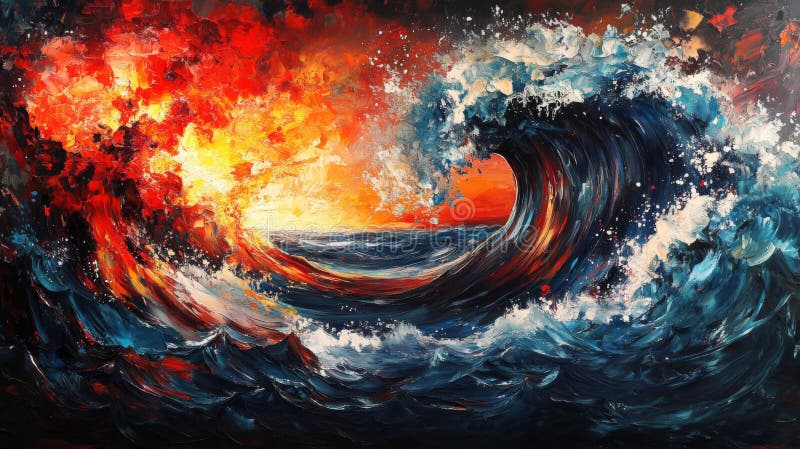 Abstract Ocean Wave Painting: Red Fire and Blue Water Stock ...