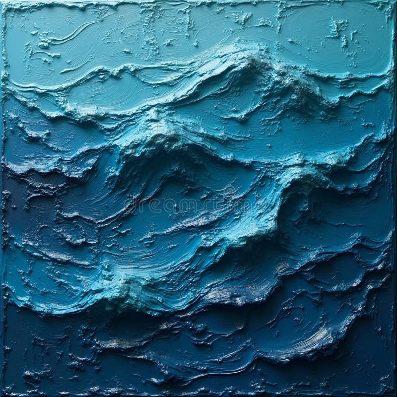 Abstract Ocean Waves in Dark Blue and Teal Paint with Heavy Textured ...