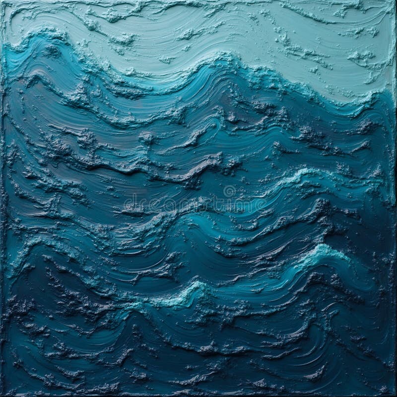 Abstract Ocean Waves in Dark Blue and Teal Paint with Heavy Textured ...