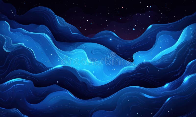 Abstract Ocean Waves with Flowing Blue Patterns and Starry Night ...