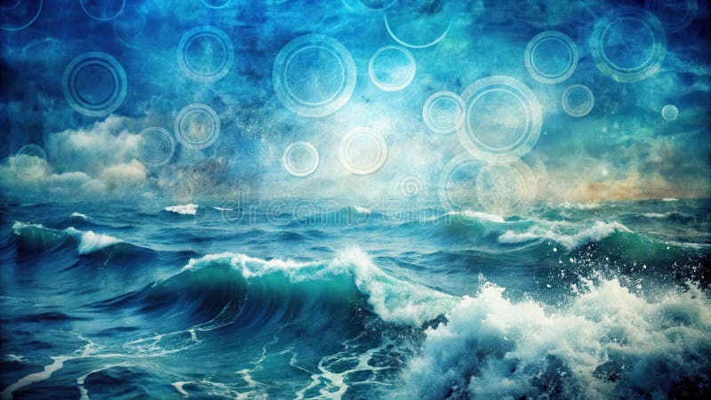 Abstract Ocean Waves with Grunge Texture and Circular Design Elements ...