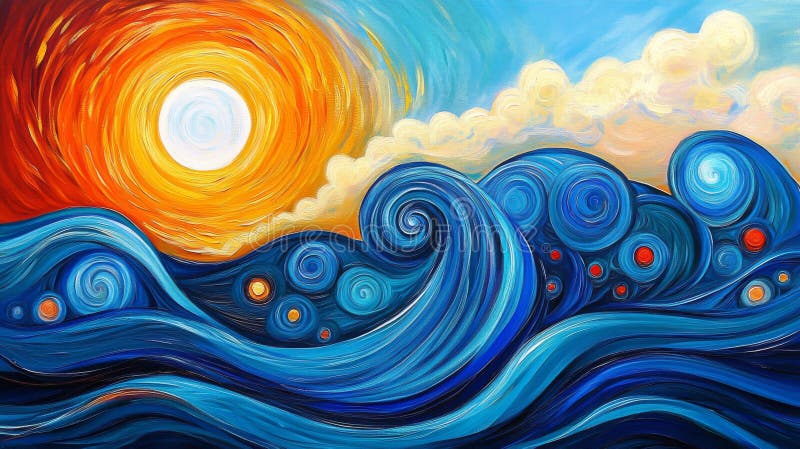 Abstract Ocean Waves Painting with Sun and Moon Stock Illustration ...