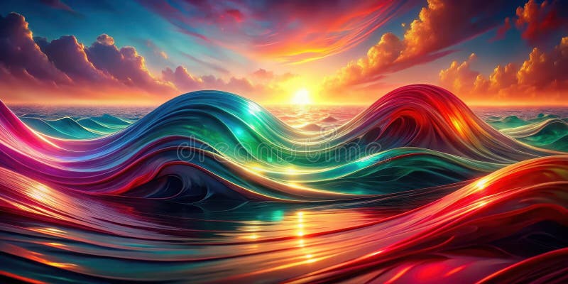 Abstract Ocean Waves at Sunset, Vibrant Hues and Smooth Curves ...