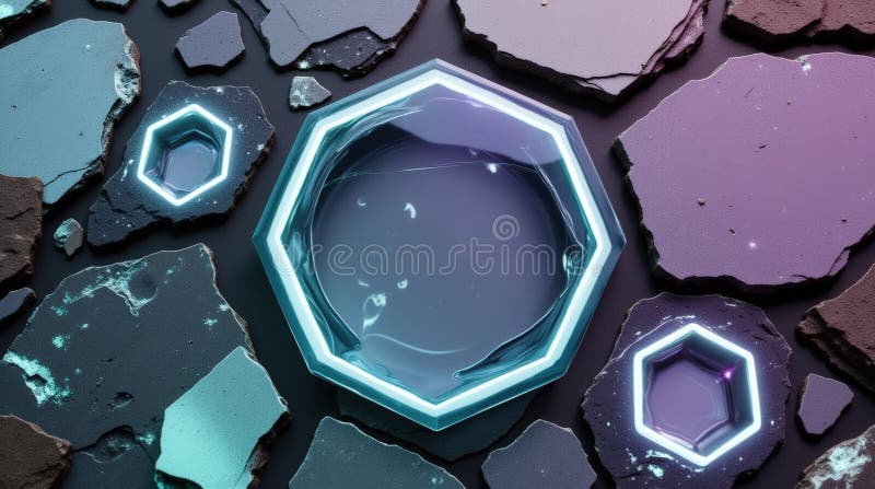 Abstract Octagonal Shapes with Neon Lighting on Cracked Surface Stock ...
