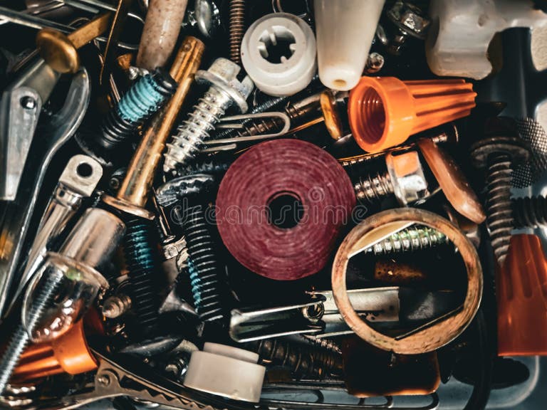 Abstract Odd and Ends Tools Junk Drawer Metal Tools Screws Background ...