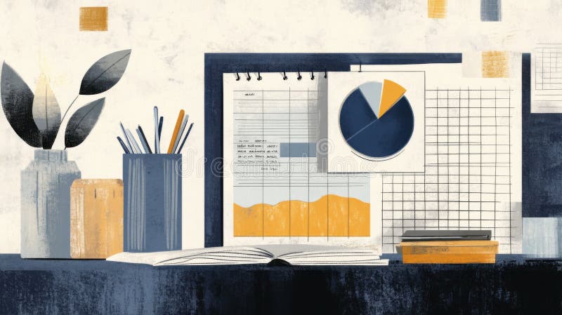 Abstract Office Desk with Charts, Graphs, and Organized Stationery in a ...