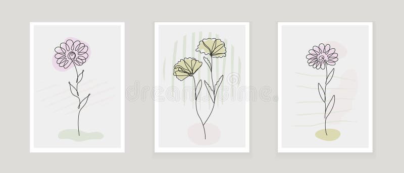 Abstract One Line Drawings of Tropical Flowers and Botanical Elements ...