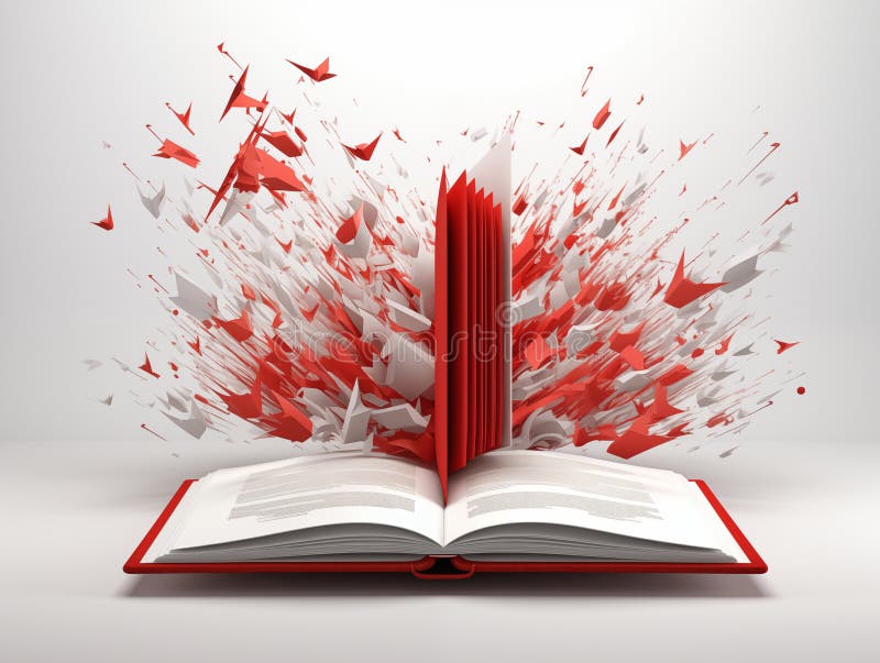Abstract Open Book with Red and White Paper Birds Exploding Out on a ...