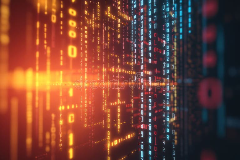 Abstract Orange and Blue Glowing Binary Code Streams Forming a Digital Futuristic Scene Stock ...