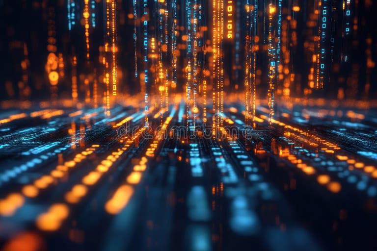 Abstract Orange and Blue Glowing Binary Code Streams Forming a Digital Futuristic Scene Stock ...