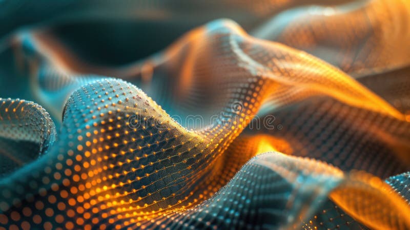 Abstract Orange and Blue Wavy Mesh Background with Futuristic Digital ...