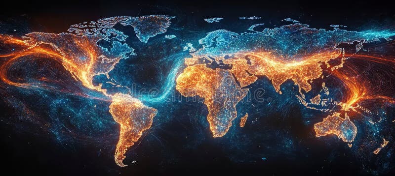 Abstract Orange and Blue World Map, Global Network and Data Exchange ...