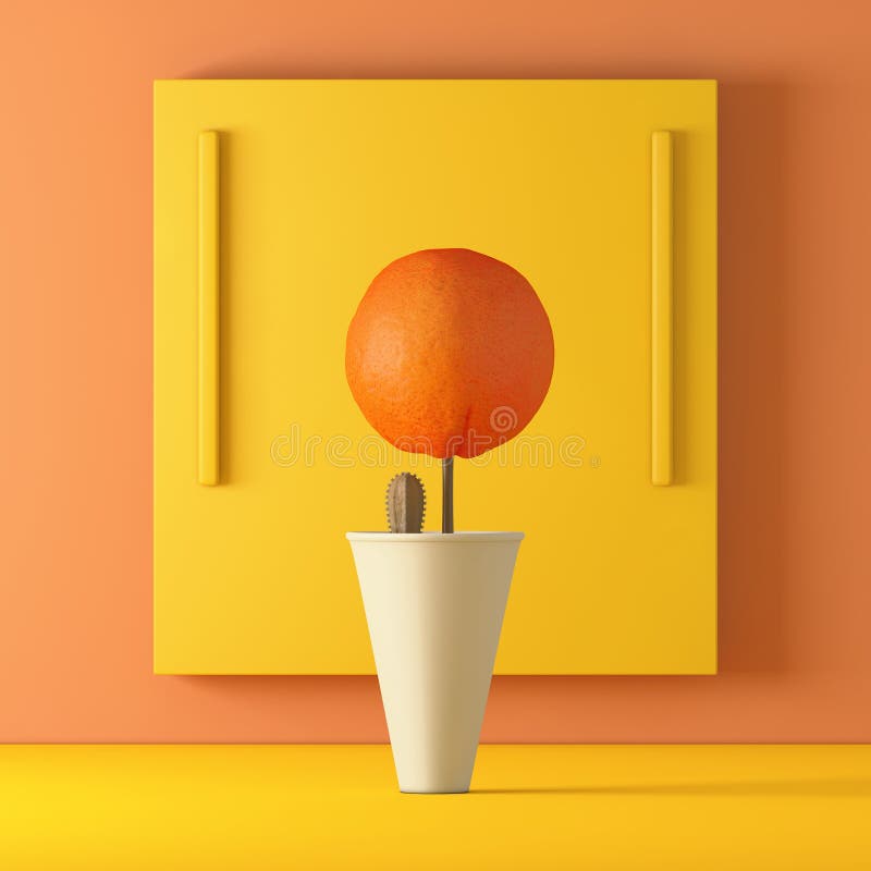 Abstract Orange Fruit with Cactus in Vase Against Yellow Frame. 3d ...