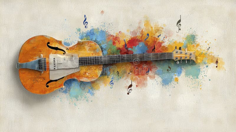 Abstract Orange Guitar with Colorful Paint Splatter and Music Notes on ...