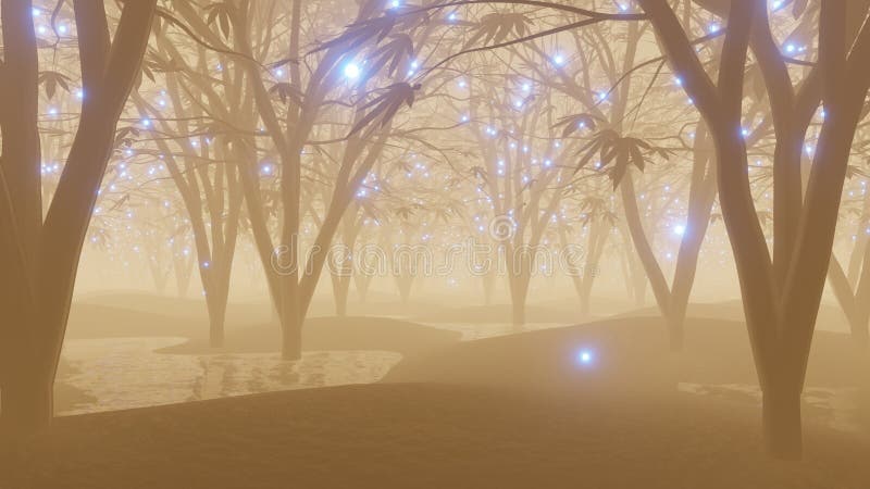 Abstract Orange Mystical Forest in the Dark with Fog and Glowing ...