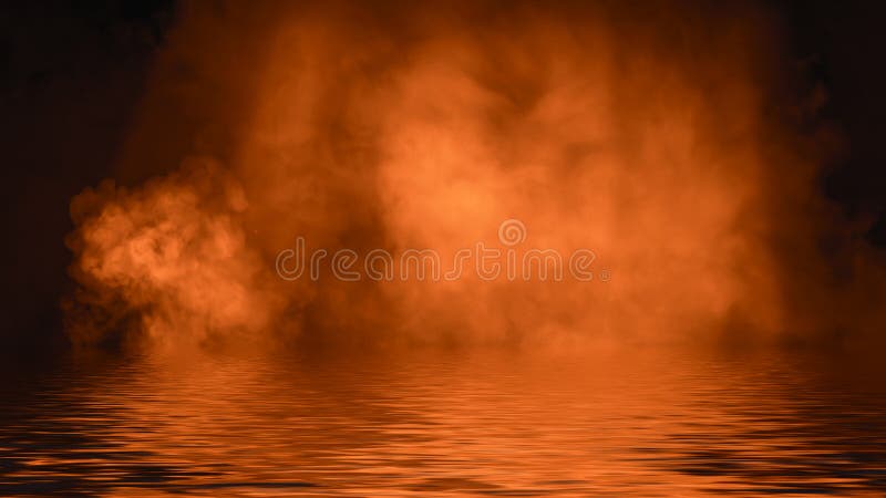 Abstract Orange Smoke with Reflection in Water .Lighting Spotlighting ...