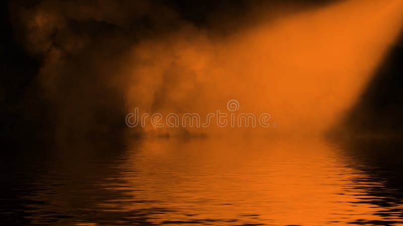 Abstract Orange Smoke with Reflection in Water .Lighting Spotlighting ...