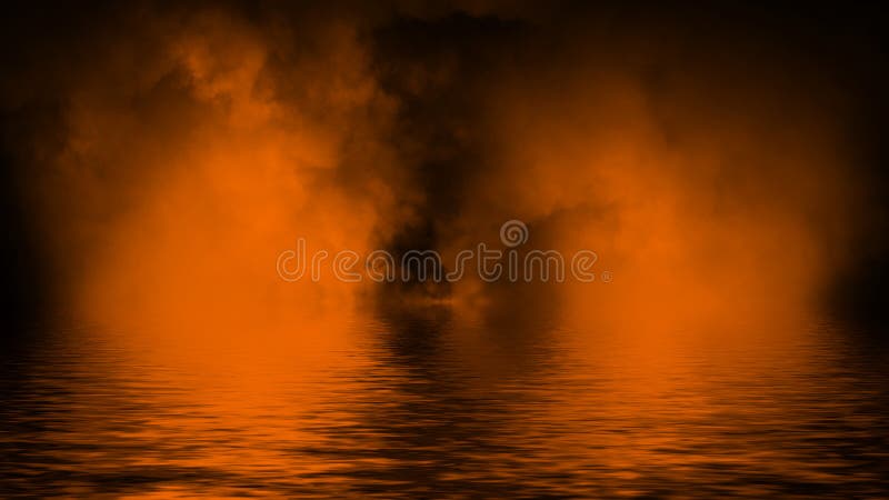 Abstract Orange Smoke with Reflection in Water .Lighting Spotlighting ...