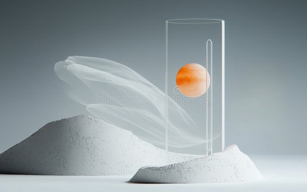 Abstract Orange Sphere in Glass Rectangle on Textured Mounds Stock ...