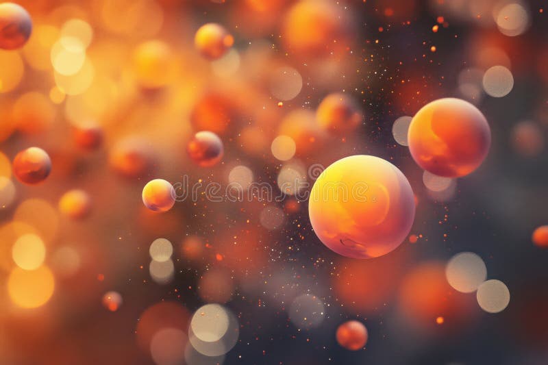 Abstract Orange Spheres Floating in Space, Glowing Particles, Blurred ...