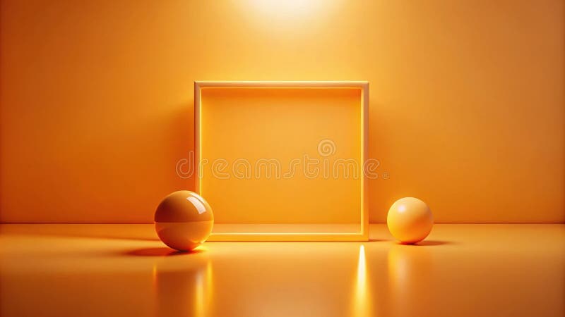 Abstract Orange Studio Scene with Illuminated Frame and Spheres ...