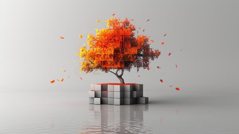 Abstract Orange Tree with Digital Cube Base Stock Illustration ...