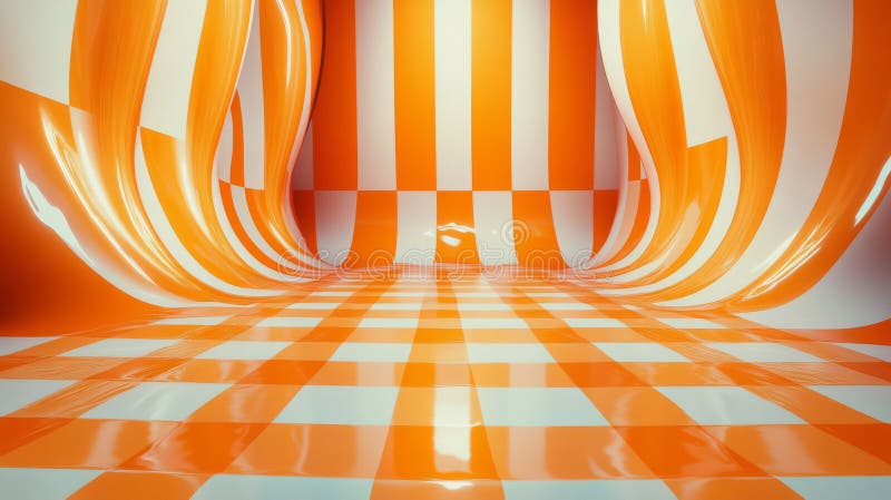 Abstract Orange and White Striped and Checkered 3D Render Stock ...