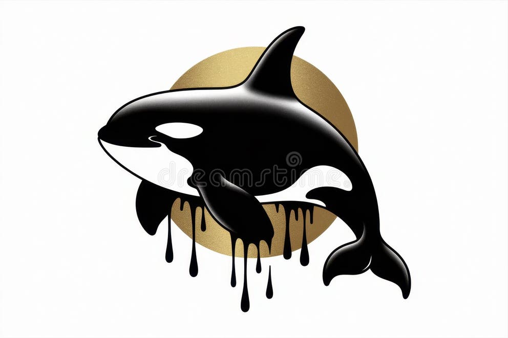 Abstract Orca with Gold Circle and Dripping Paint Effect on White ...