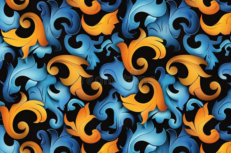 Abstract Ornament Blue & Yellow Swirls Seamless Pattern on Black ...