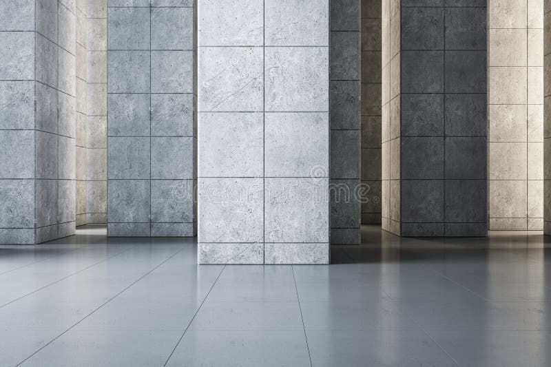 Abstract Outdoors Hall with Huge Concrete Pillars on Glossy Floor. 3D ...