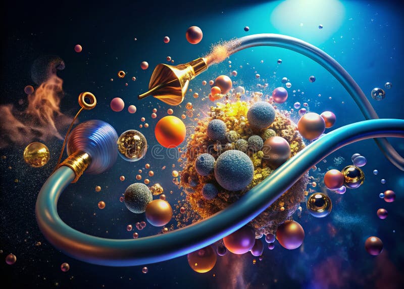 Abstract Overhead View of Glowing Hose and Objects in a Deep Blue ...