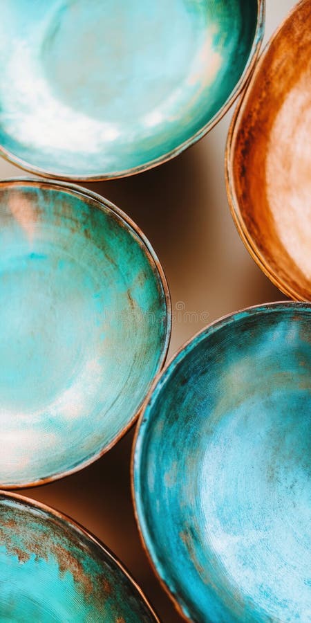 Abstract Overhead View of Metallic Blue and Copper Bowls with Textured ...