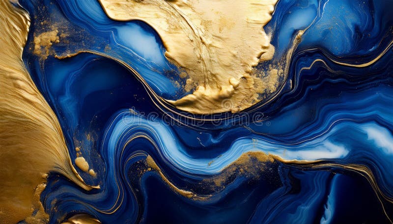 Abstract Paint Background by Deep Blue and Gold Color with Liquid Fluid ...