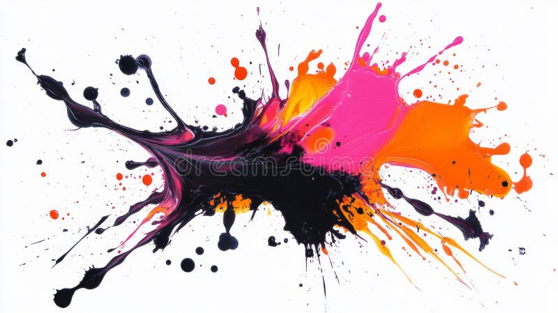 Abstract Paint Splatter: Pink, Orange, and Black Ink Burst on White ...