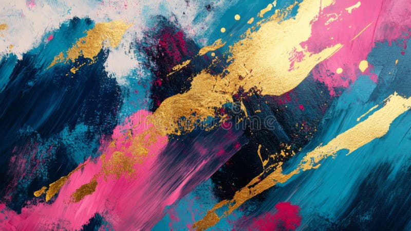 Abstract Painting with Blue, Pink, and Gold Strokes Stock Illustration ...