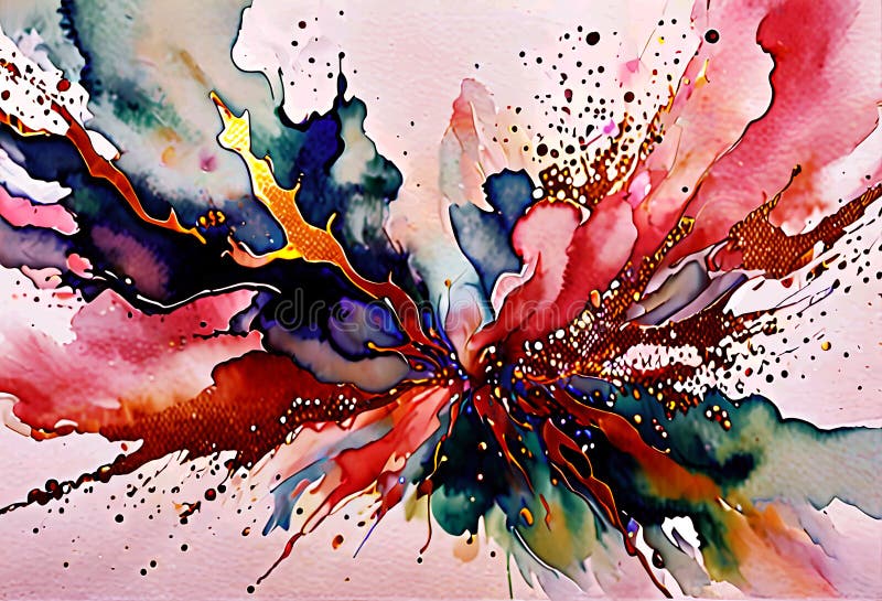 Abstract Painting with Bold Splashes of Red, Blue, and Gold, Blending ...