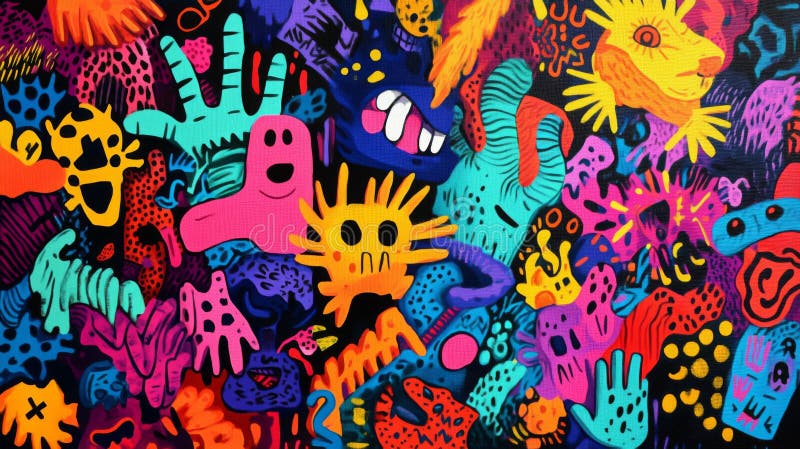 Abstract Painting with Brightly Colored Shapes and Characters Stock ...